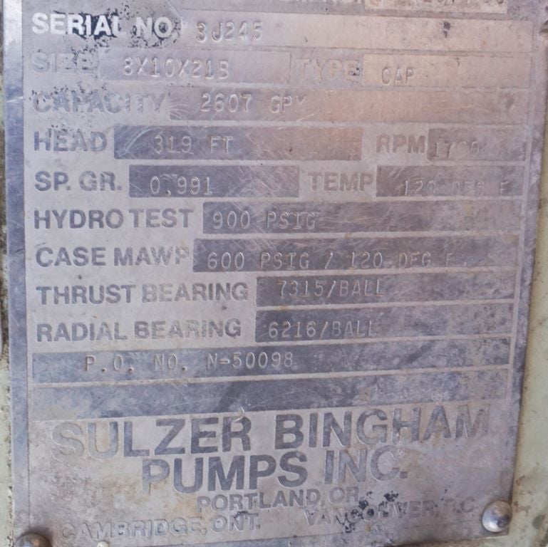 2607 GPM @ 319' TDH, Sulzer Bingham #8x10x21B-CAP, Centrifugal Pump ...