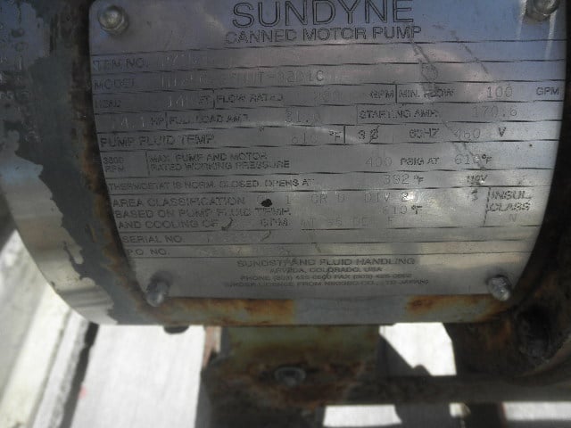 280 GPM @ 148' TDH, Sundyne #HT25C-S5NHT-02D1C, High Temp. Canned Motor ...