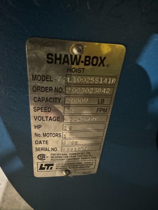 10 Ton, Shaw-Box #72L10025S141R, Electric Cable Hoist, 14 FPM, 10 HP, S ...