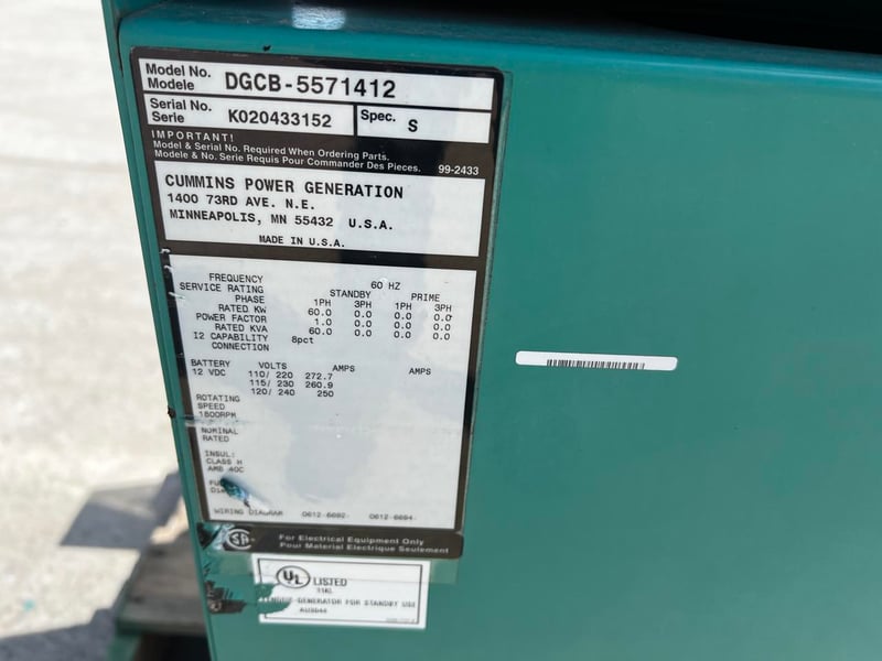 60 KW, 1800 RPM, Onan/Newage #DGCB-5571412, Generator End, sound ...