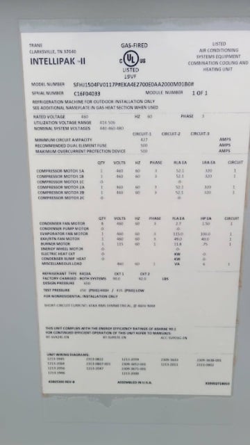 150 Ton, Trane #Intellipak, AC Package Unit Gas Heat, R410A, 460v 60hz ...
