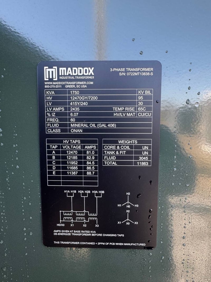 1750 KVA 12470GY/7200 Primary, 415Y/240 Secondary, Maddox transformer ...