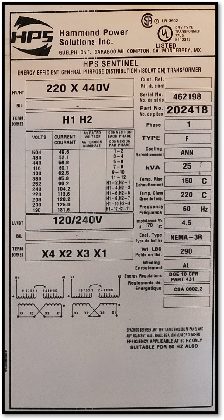 25 KVA 480 Primary, 120/240 Secondary, HPS / Dry Transformer/ 1PH / Multi-Tap / Nema 3R (10 ...