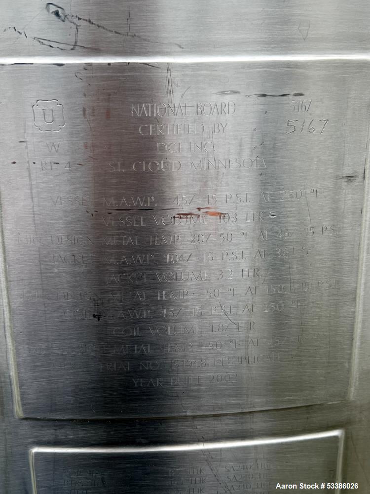 27.2 gallon DCI, Stainless Steel jacketed vertical tank, 20" diameter x ...