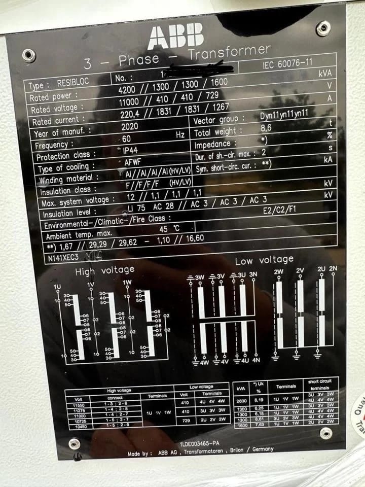 1300/2600 KVA 11550 Primary, 729/410 Secondary, ABB transformer ...