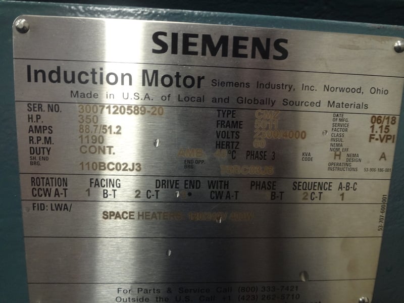 350 HP 1200 RPM Siemens, Frame 5010/5011, TEFC, BB, new, 2300/4000 ...