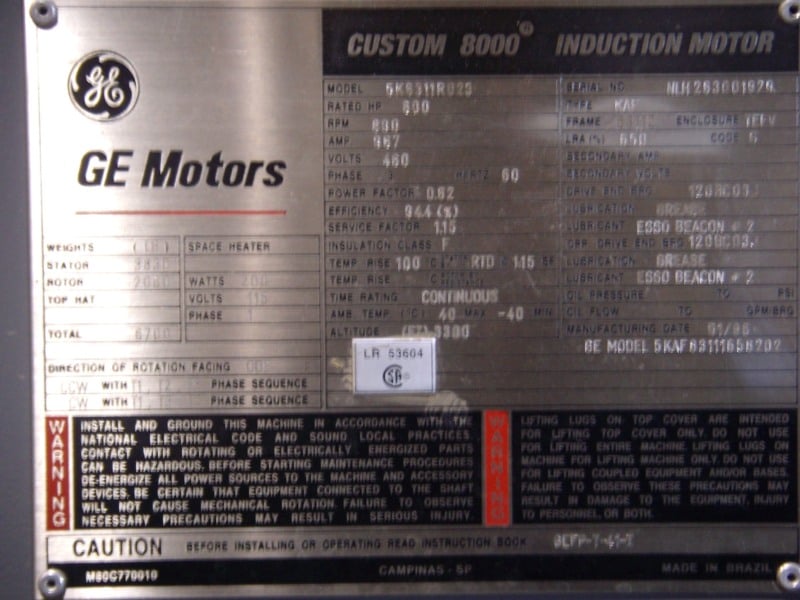 800 HP 900 RPM General Electric, Frame 8311Z, TEFV, type KAF, new ...