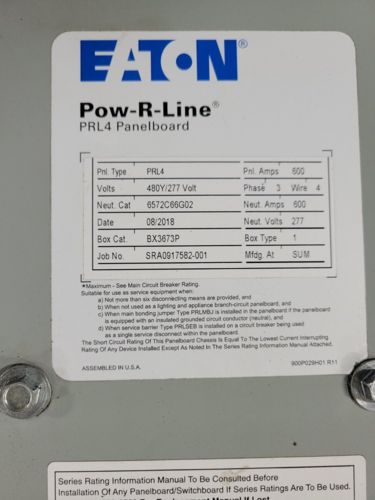 600 Amp. Eaton, PRL4 Pow-R-Line, Panelboard, 480Y/277V. 3PH 4W JD3250F ...