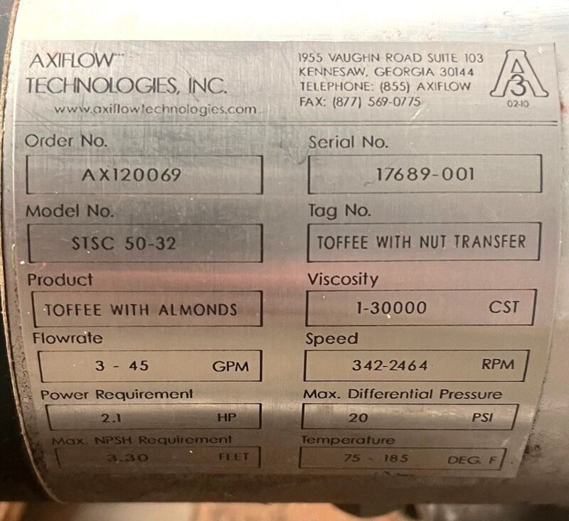 3" x 1.5" Axiflow #STSC-50-32, Sanitary Twin Screw Pump, 10-20 GPM, 100 ...