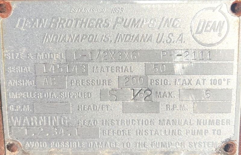 Dean Brothers Pumps Inc. #PH-2111, centrifugal pump, 1.5" X 3" X 6", Fr ...