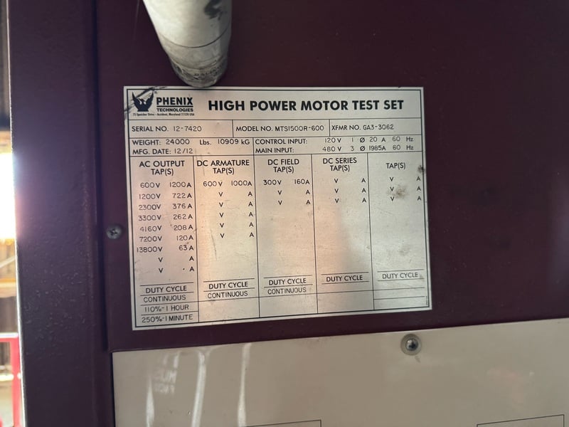 Phenix Technologies #MTS1500R-600, high power motor test set, serial ...