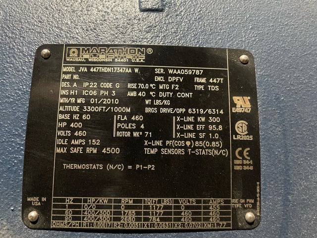 400 HP 1800 RPM Marathon, Frame 447T, DPFVBB, 460 Volts, New Surplus ...