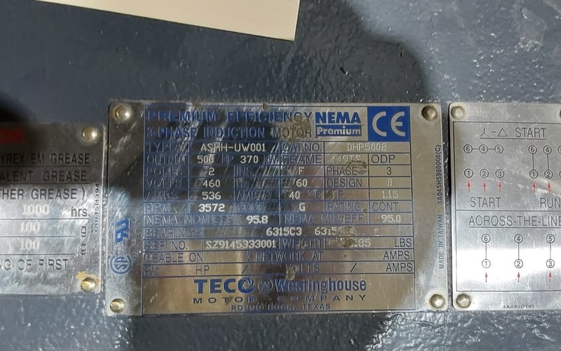 500 HP 3600 RPM Teco Westinghouse, Frame 449TS, ODP, 1.15 service ...