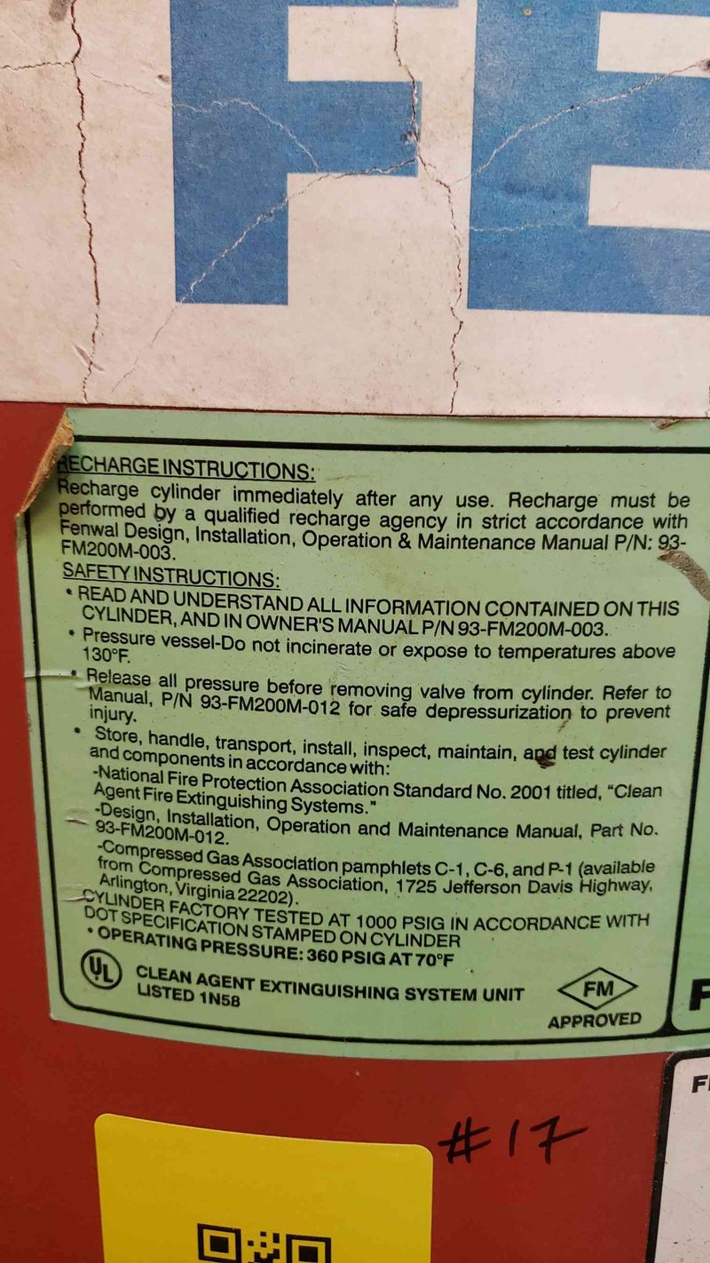 365 lbs. Fenwal, Fire Suppression System, FM-200 Agent, 360 psig @ 70 F ...