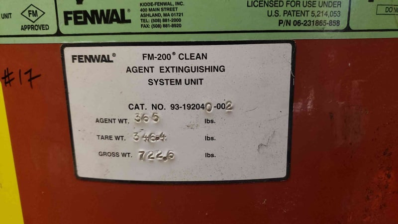 365 lbs. Fenwal, Fire Suppression System, FM-200 Agent, 360 psig @ 70 F ...
