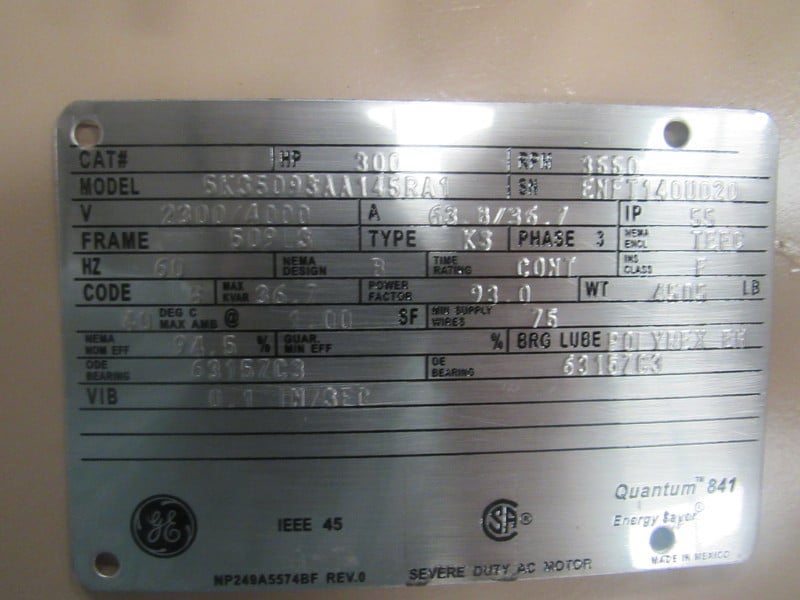 300 HP 3600 RPM General Electric, Frame 508/509LS, TEFC, BB, new, 2300/ ...