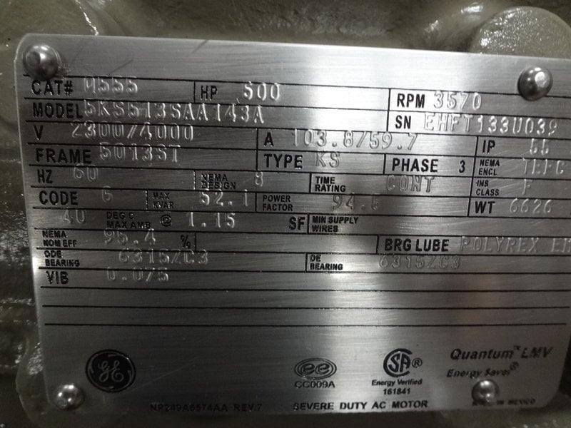 500 HP 3600 RPM General Electric, Frame 5013ST, TEFC, BB, new, 2300/ ...