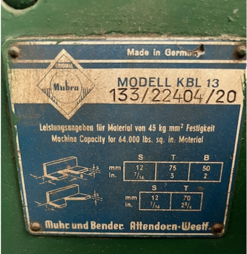 Mubea #KBL-13, 50 ton, 42mm round bars capacity, 38mm square, 75x10mm ...