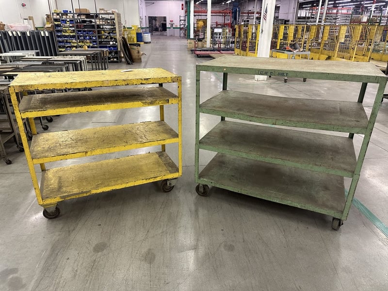 Heavy duty mobile welded steel racks, 1 yellow, 1 green, lot of 2 For ...