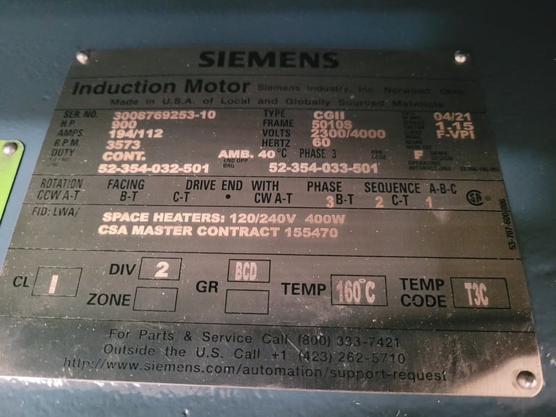 900 HP 3600 RPM Siemens, Frame 5010S, weather protected enclosure type ...