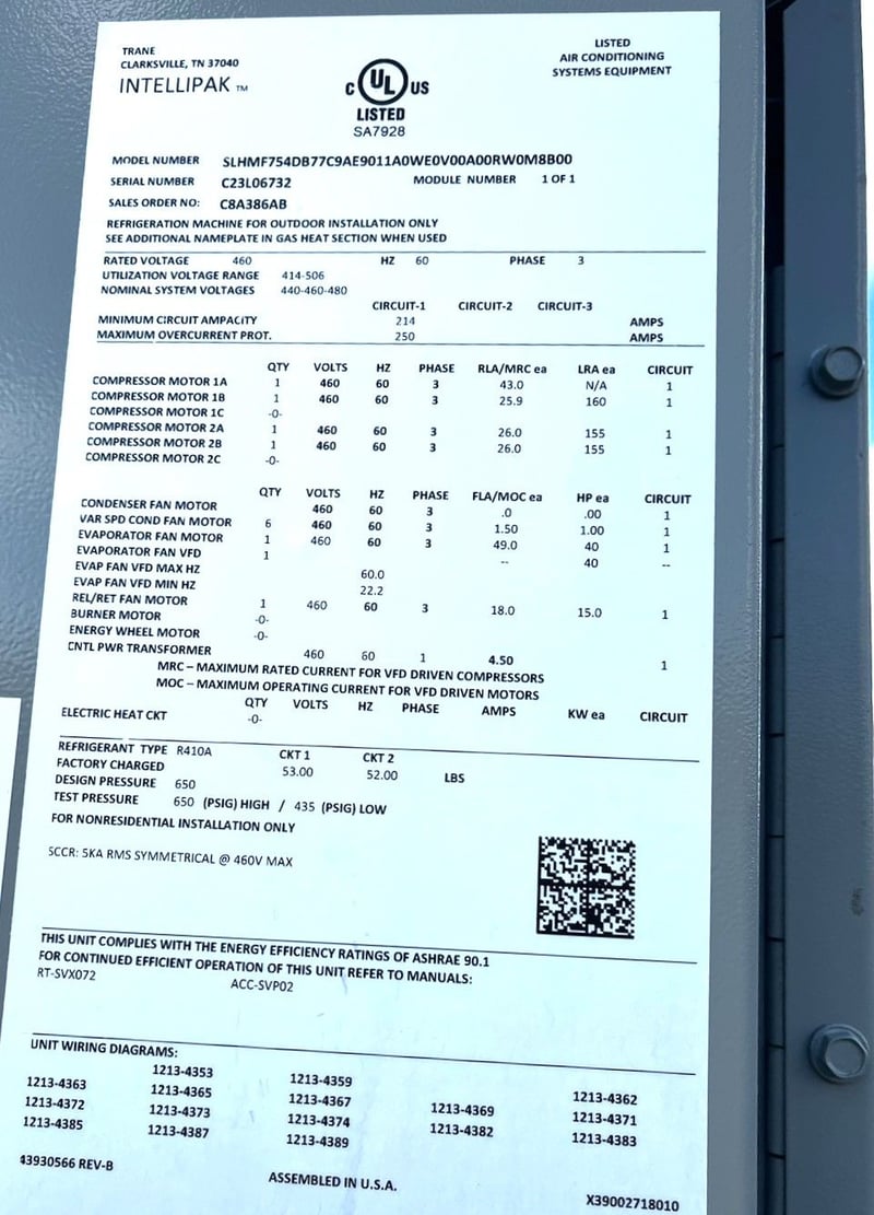 75 Ton, Trane Intellipak #SLHMF754DB77C9AE9011AE9011A0, 460 V., cooling ...