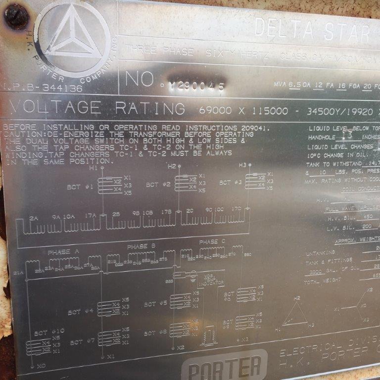 6500/12000/16000/20000 kVA, 69000 Delta Primary, , 34500/19920 WYE ...