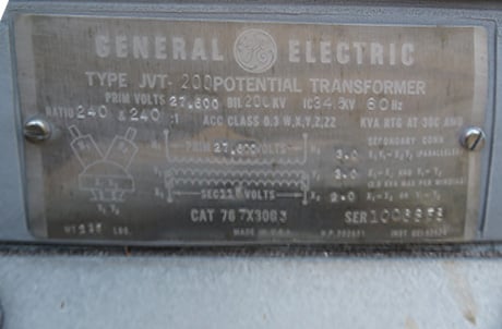 27 KV 27600 V PRIMARY, 115 V SECONDARY, GE TYPE JVT-200 POTENTIAL ...