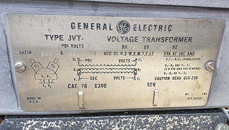 27 KV 27600 V PRIMARY, 115 V SECONDARY, GE TYPE JVT-200 POTENTIAL ...
