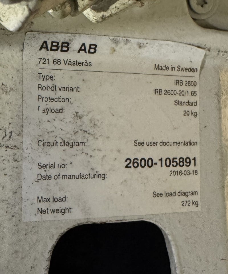 ABB #IRB2600-20/1.65, Robot, 20 kg 44.1lb. payload, IRC5 Single ...