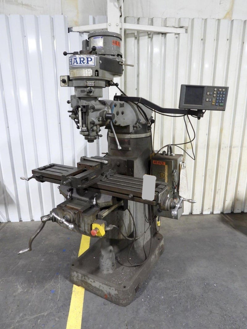 Sharp, vertical mill, 9" x42" tbl., 2 HP, Accu-Rite digital read out, 6 ...