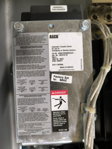 800 Amp. ASCO #H03ATSB30800NGXC, auto transfer switch, 480 VAC, 3 phase ...