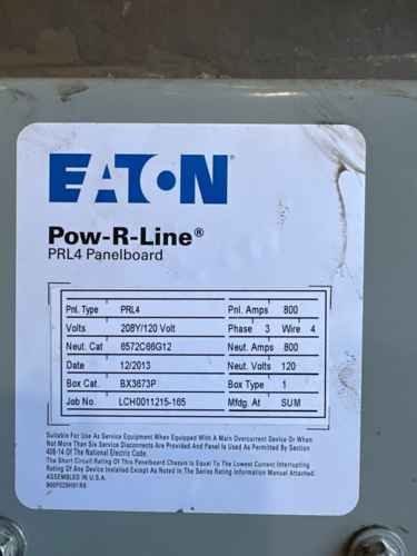 800 Amp. Eaton, PRL4, Panelboard, 208Y/120 Volts 3PH 4W 42 Circuit ...