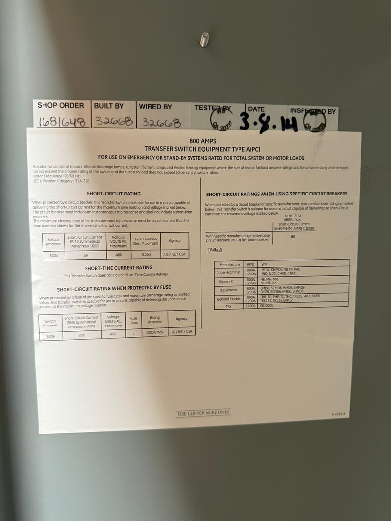 800 Amp. General Electric Zenith ZTS Automatic Transfer Switch ...