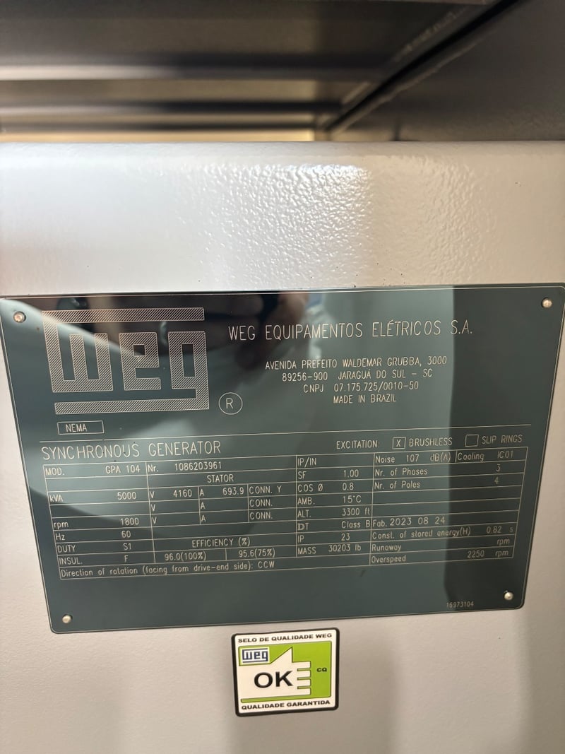 4000 KW, Weg #GPA 104, 4160 Volts, 5000 kVA, Synchronous Generator, 60 ...