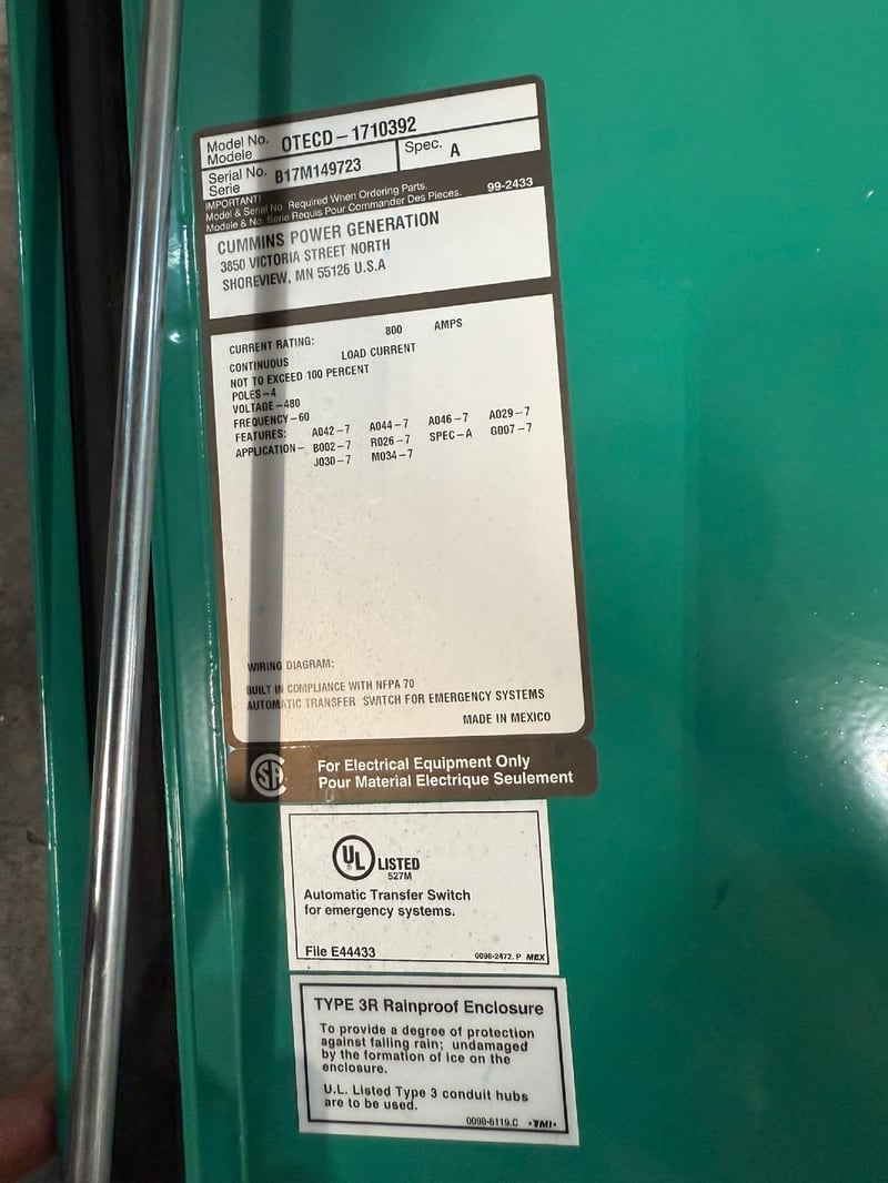 800 Amp. Cummins Automatic Transfer Switch OTECD-1710392 480 Volts, 60 ...