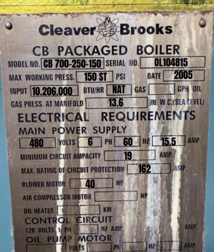 250 HP Cleaver-Brooks #CB-700-250-150, Steam Boiler, Natural Gas, 150 ...