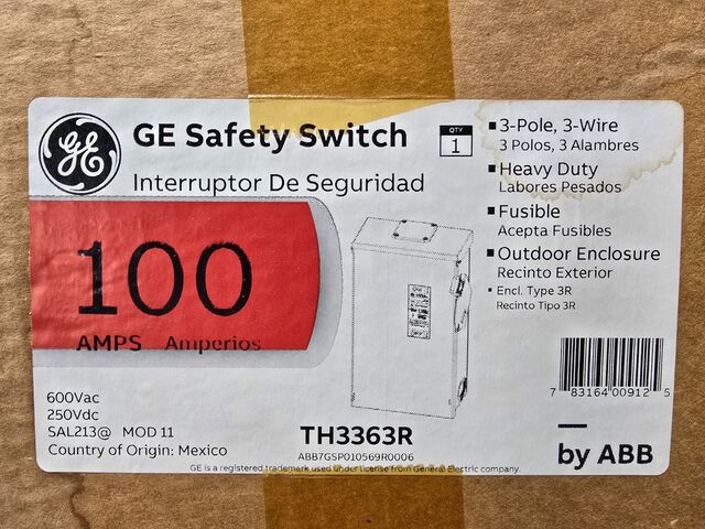 100 Amp. ABB / Abb, TH3363R, fusible safety disconnect switch, 3 pole ...