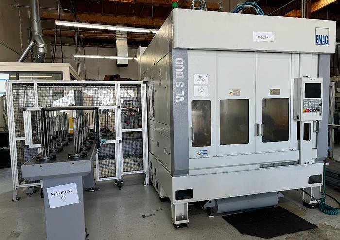 Emag #VL-3-Duo, vertical turret lathe, 8.5" chuck, chip conveyor, thru ...