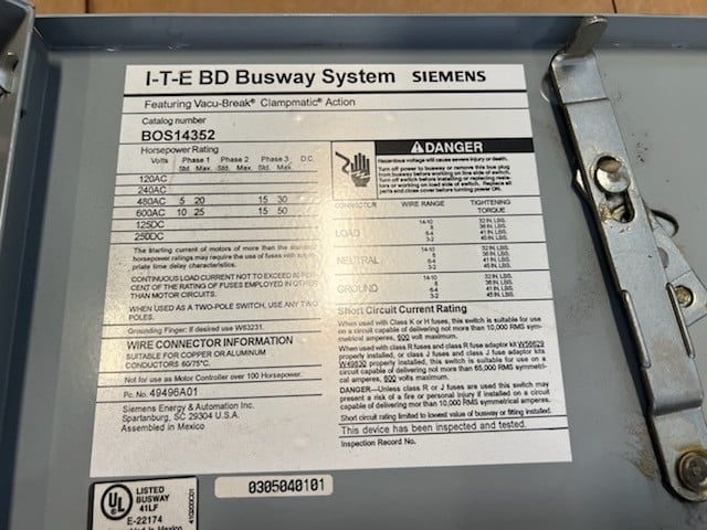 60 Amps, Bulldog bus plug, cat #BOS14352, 480 Volts, 3p3w For Sale ...