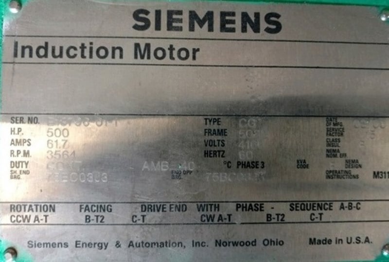500 HP 3600 RPM Siemens, Frame 508S, weather protected enclosure type 1 ...