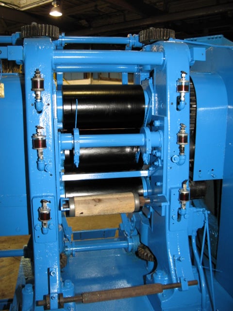 8" x 13" Vertical Calender, 3-roll, 7.5 HP, cored rolls, top & bottom ...