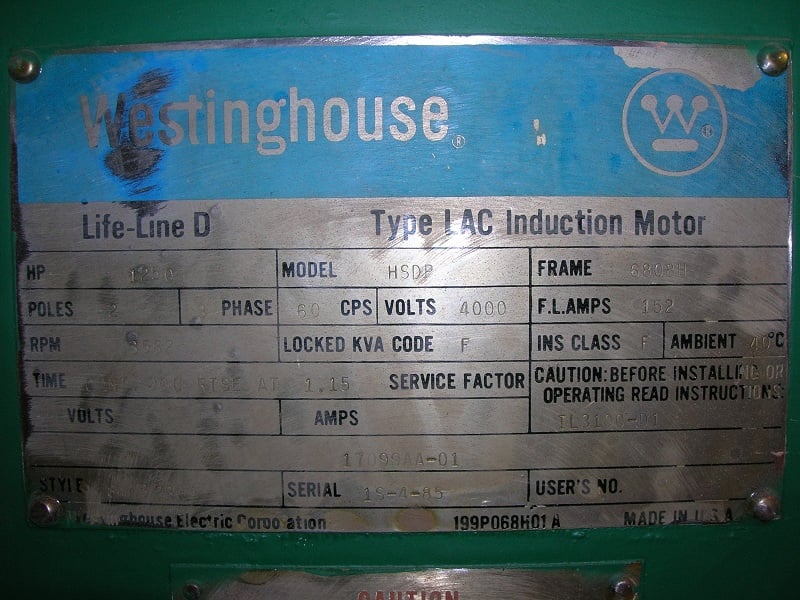 1250 HP 3582 RPM Westinghouse, Frame 6808-H, weather protected ...