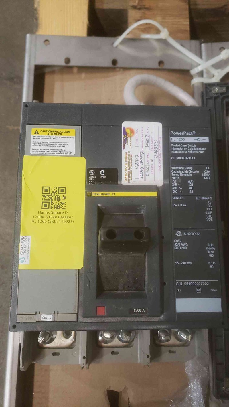 1200 Amps, Square D, #PL1200, PowerPact Breaker, PLF34000S12ABUL, 3 ...