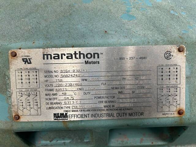150 HP 3555 RPM Marthon, Frame 405TS, 208-230/460 Volts, Electric Motor ...
