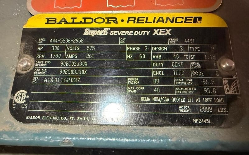 300 HP 1800 RPM 575V Baldor-Reliance 449T frame TEFC New surplus For ...