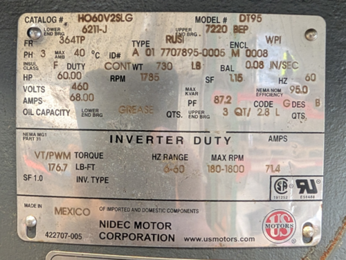 2 HP 60hp RPM, VHS, 1785 rpm, 364TP-16, weather protected enclosure ...