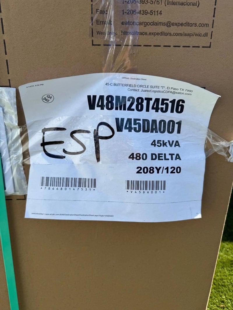 45 KVA 480 Delta Primary, 208Y/120 Secondary, Eaton V48M28T4516 ...