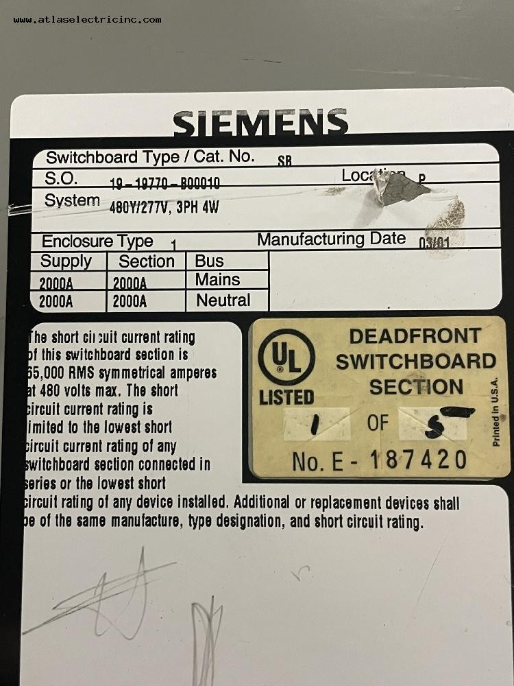 Siemens SB 2000 Amp Low Voltage Switchboard 480Y/277 Volt For Sale ...