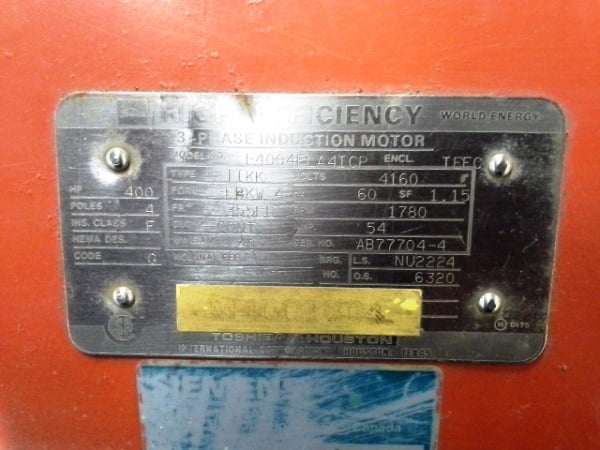 400 HP 1780 RPM Toshiba, Frame 355LL, TEFC, rebuilt, 4160 Volts for ...