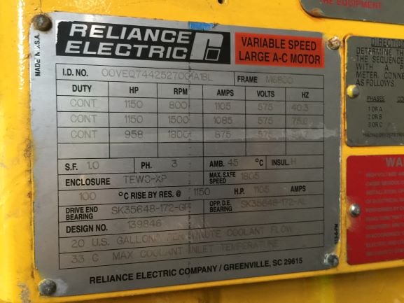 1150 HP 800/1500 RPM Reliance, Frame TDX1250, TEWC-XP, inv duty, 6-pole ...